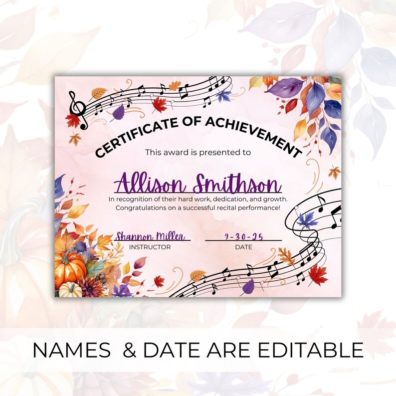 Music Recital Certificate, Student Achievement Award, Editable Canva ...