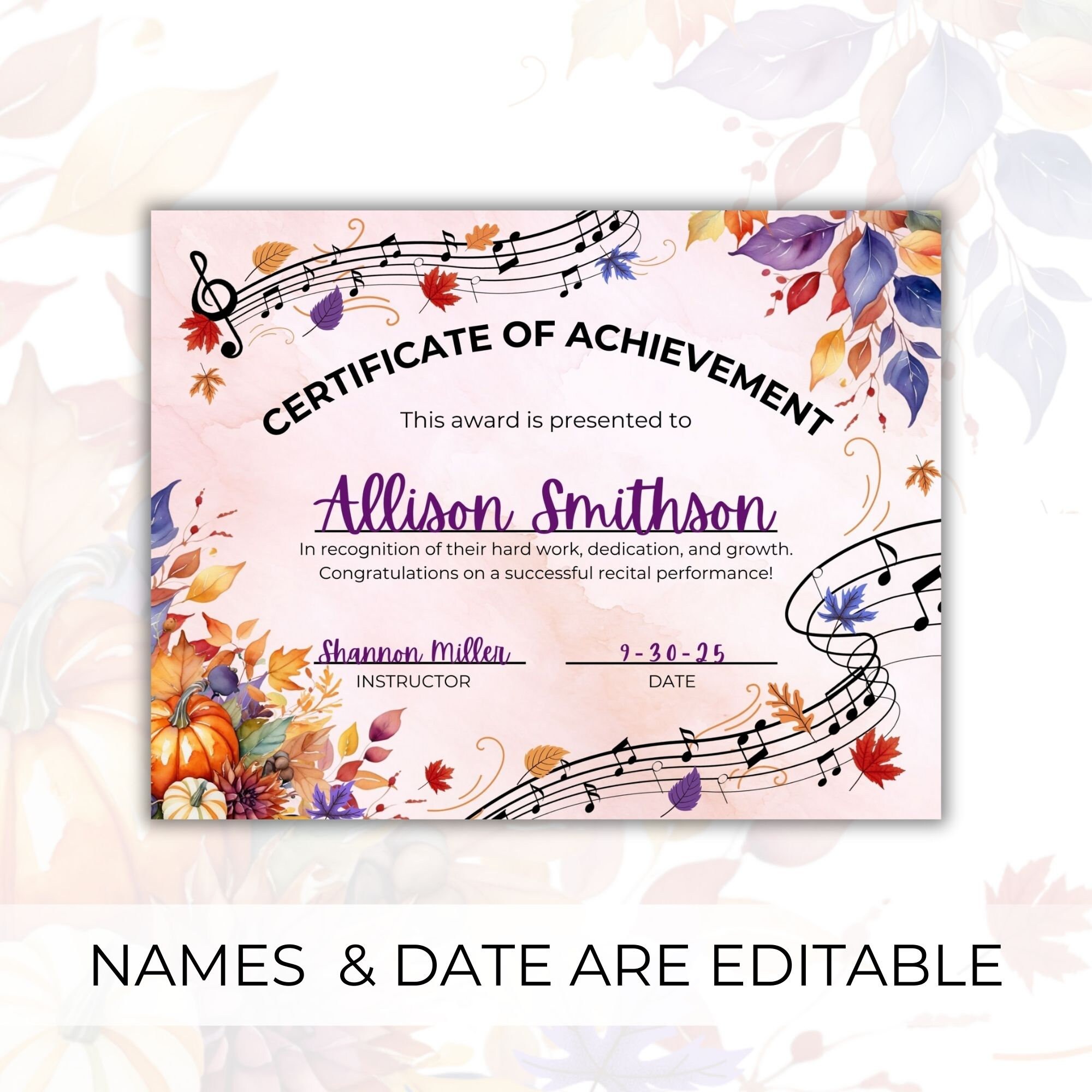 Music Recital Certificate, Student Achievement Award, Editable Canva ...