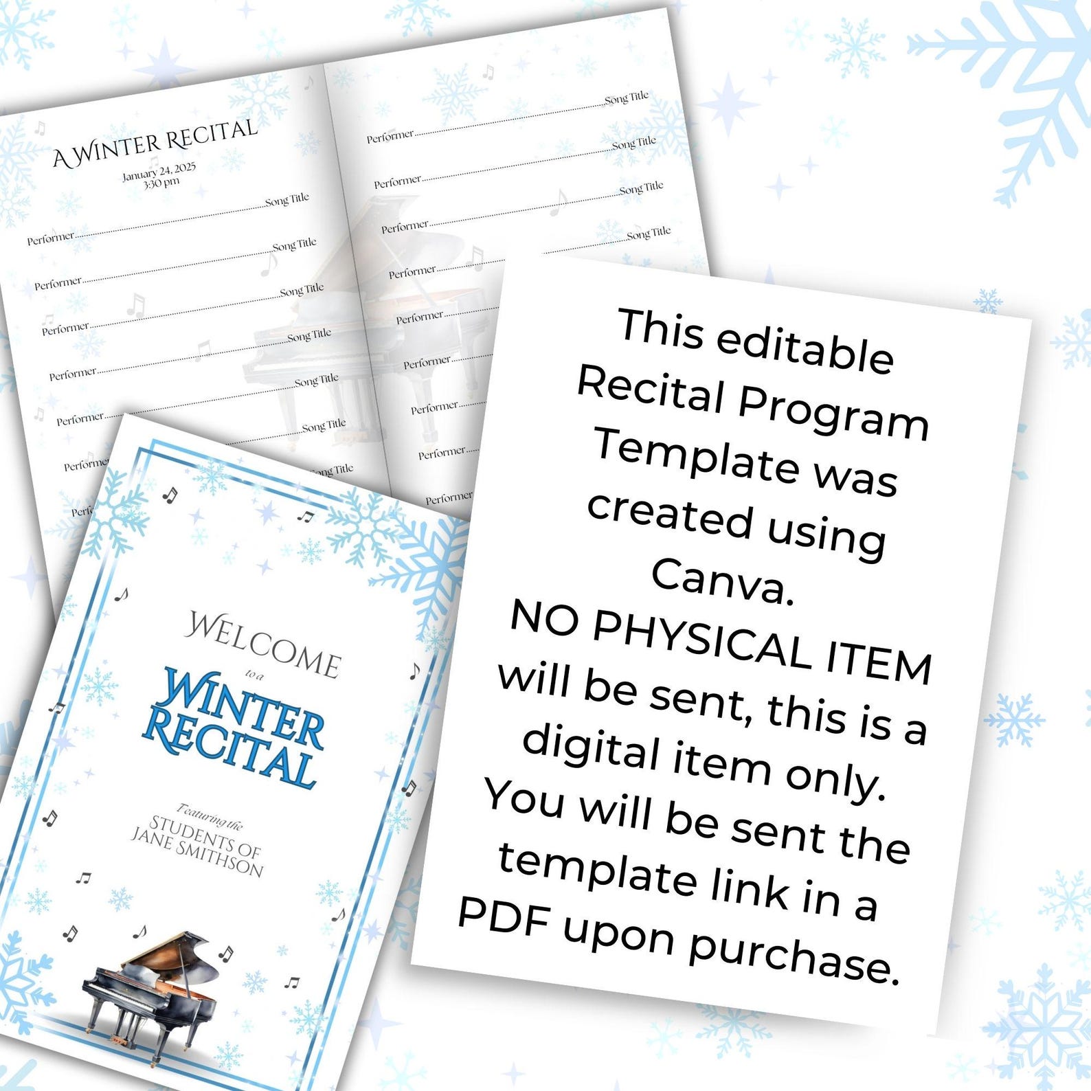 Piano Recital Program for Winter, Double Sided Folding Card, Canva Template, Festive Holiday ...