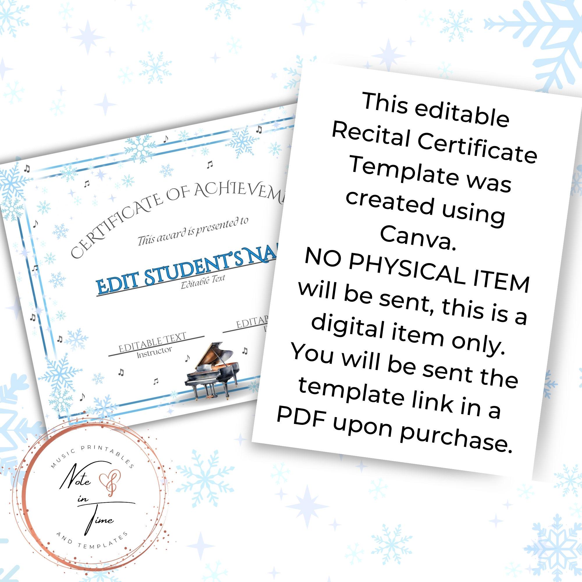 Piano Recital Certificate Template, Holiday Snowflake Design for Winter ...