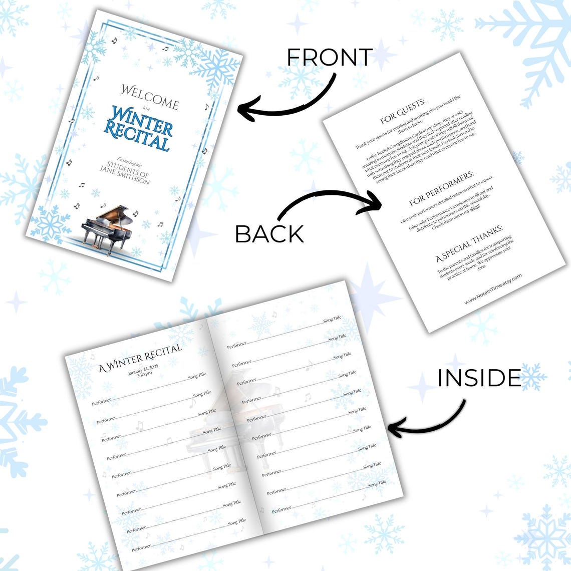 Piano Recital Program for Winter, Double Sided Folding Card, Canva ...
