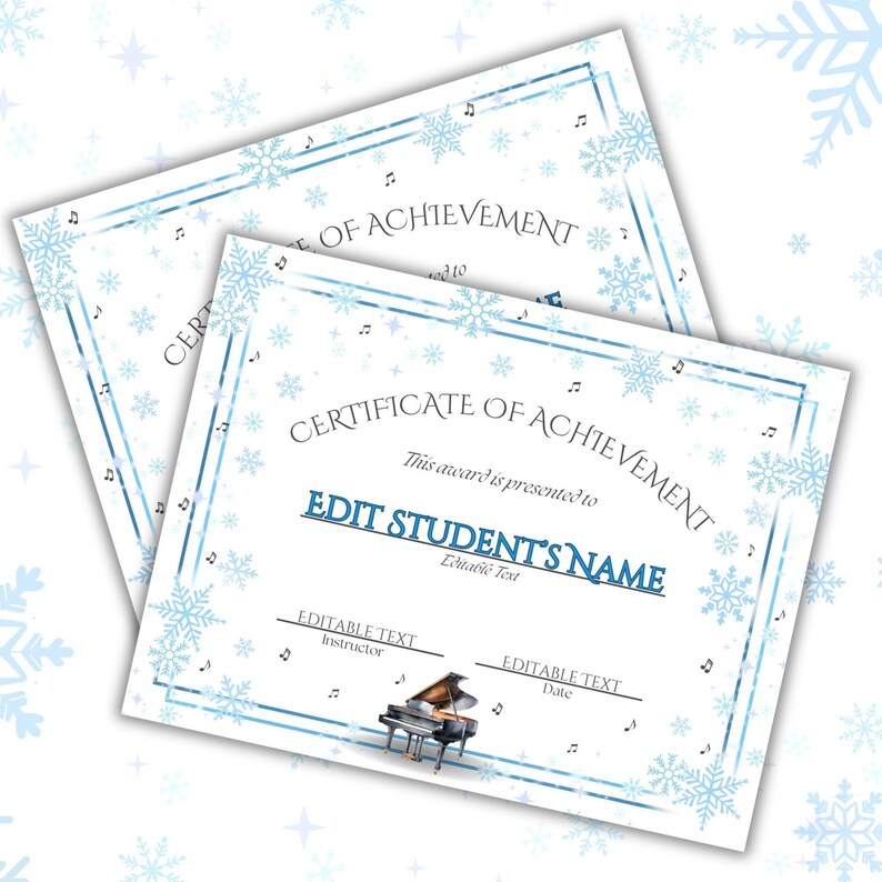 Piano Recital Certificate Template, Holiday Snowflake Design for Winter ...