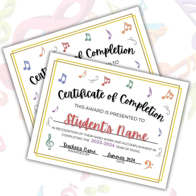 End of Year Music Certificate, Student Completion Achievement Award ...