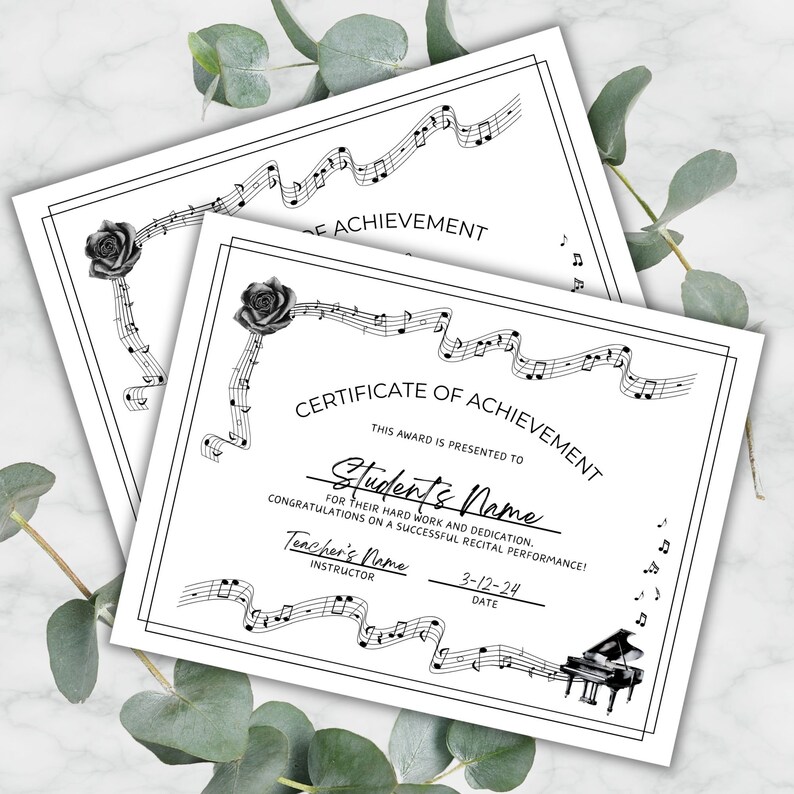 Piano Recital Certificate, Music Student Achievement Award, Editable ...