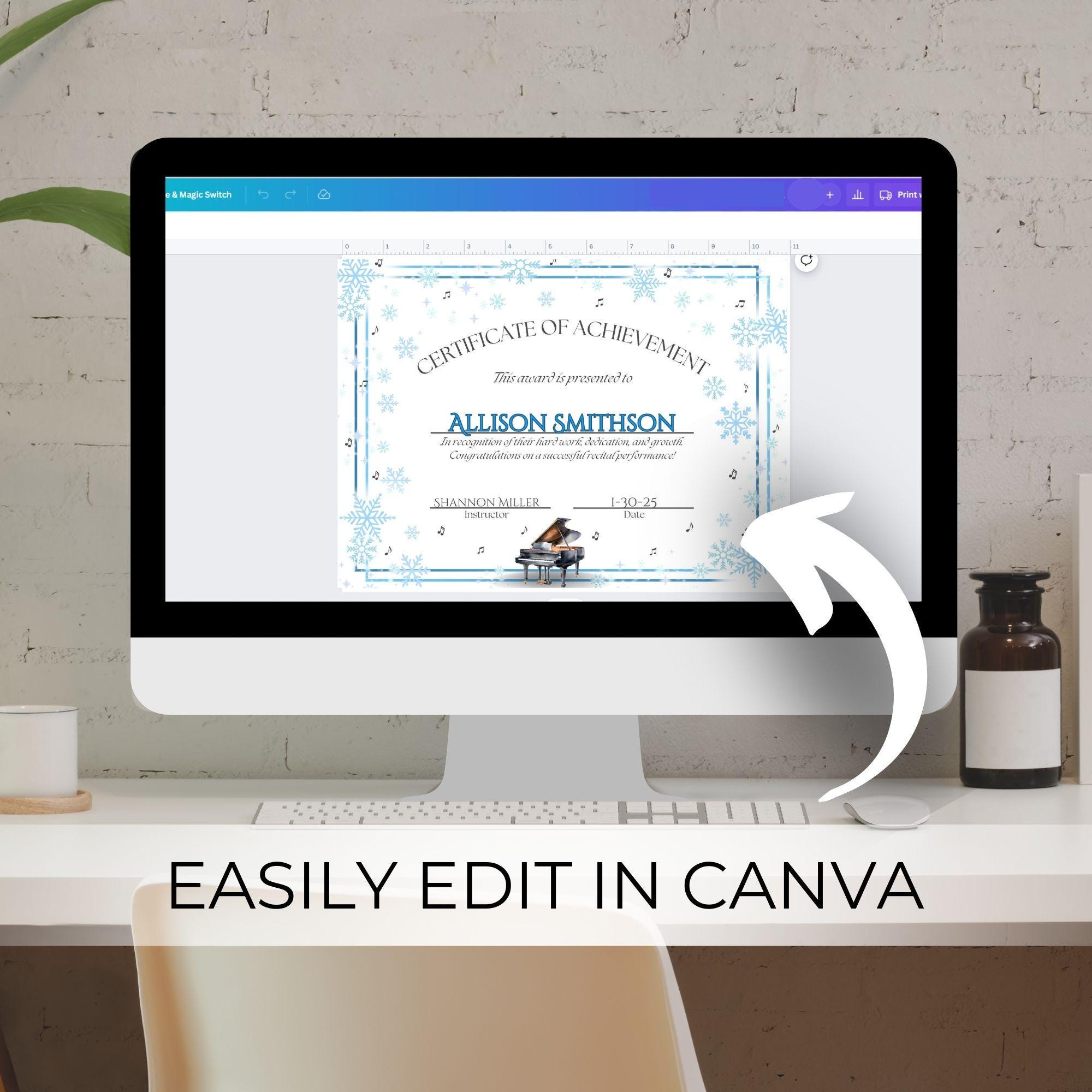 Piano Recital Certificate Template, Holiday Snowflake Design for Winter ...