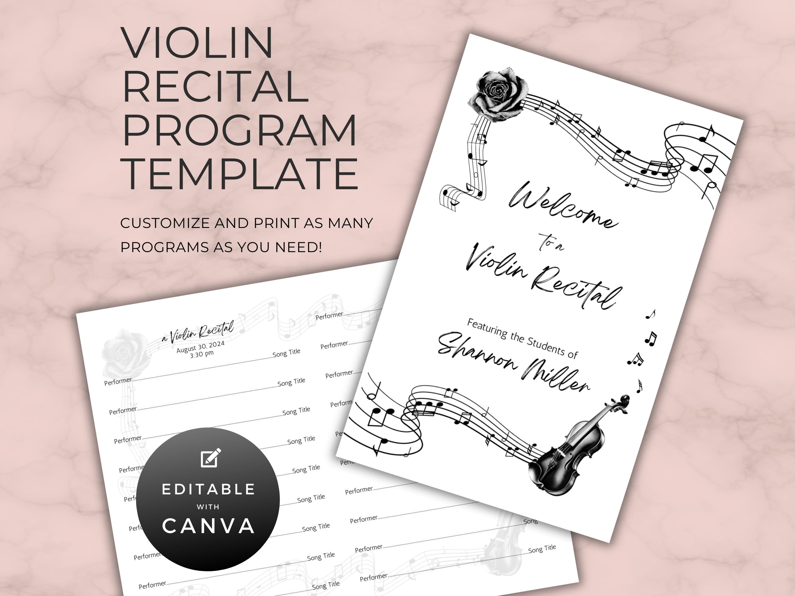 Violin Recital Program Template, Simple Modern Black & White, for String Orchestra Performance ...