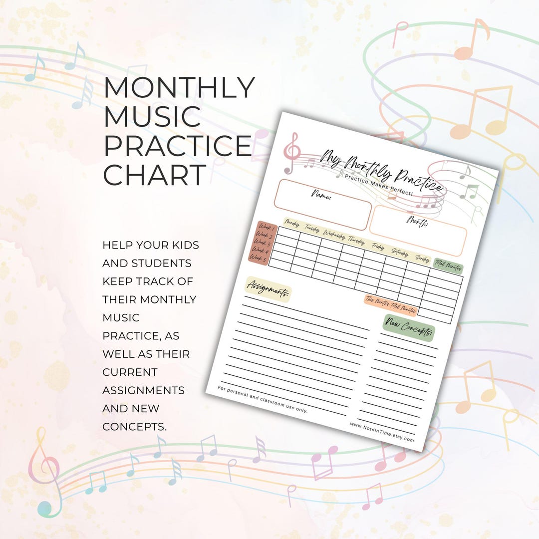 Music Practice Chart, Monthly Practice Minutes, for Piano Orchestra or ...