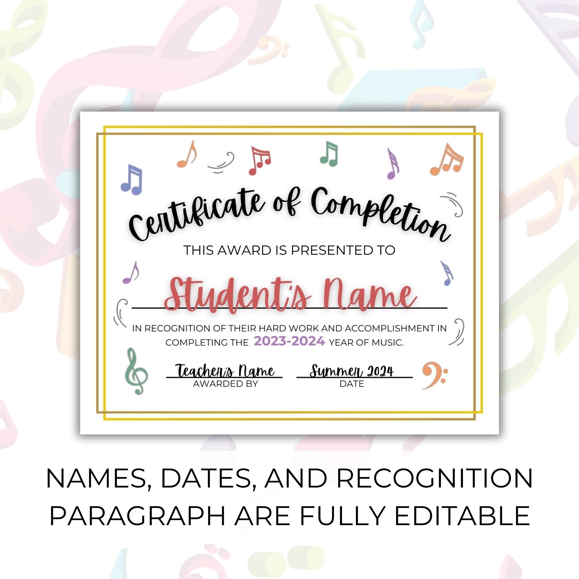 End of Year Music Certificate, Student Completion Achievement Award ...