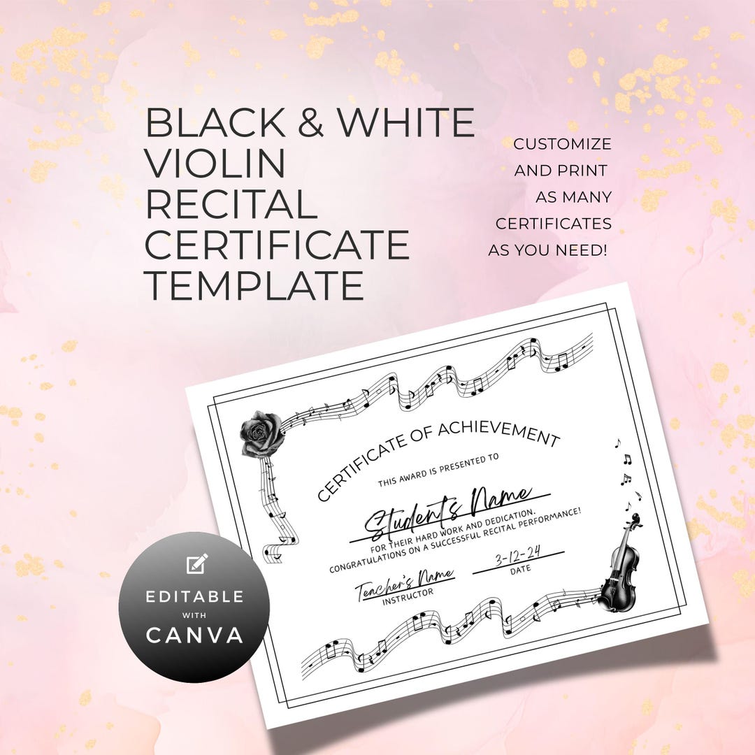 Violin Recital Certificate, Music Student Achievement Award, Editable ...