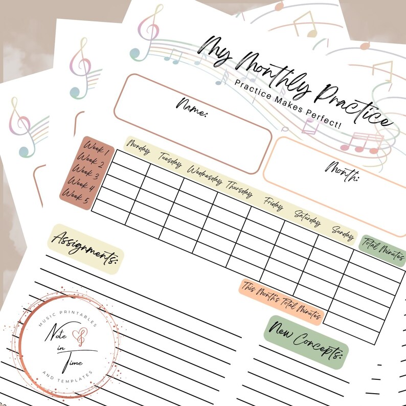 Music Practice Chart, Monthly Practice Minutes, for Piano Orchestra or ...