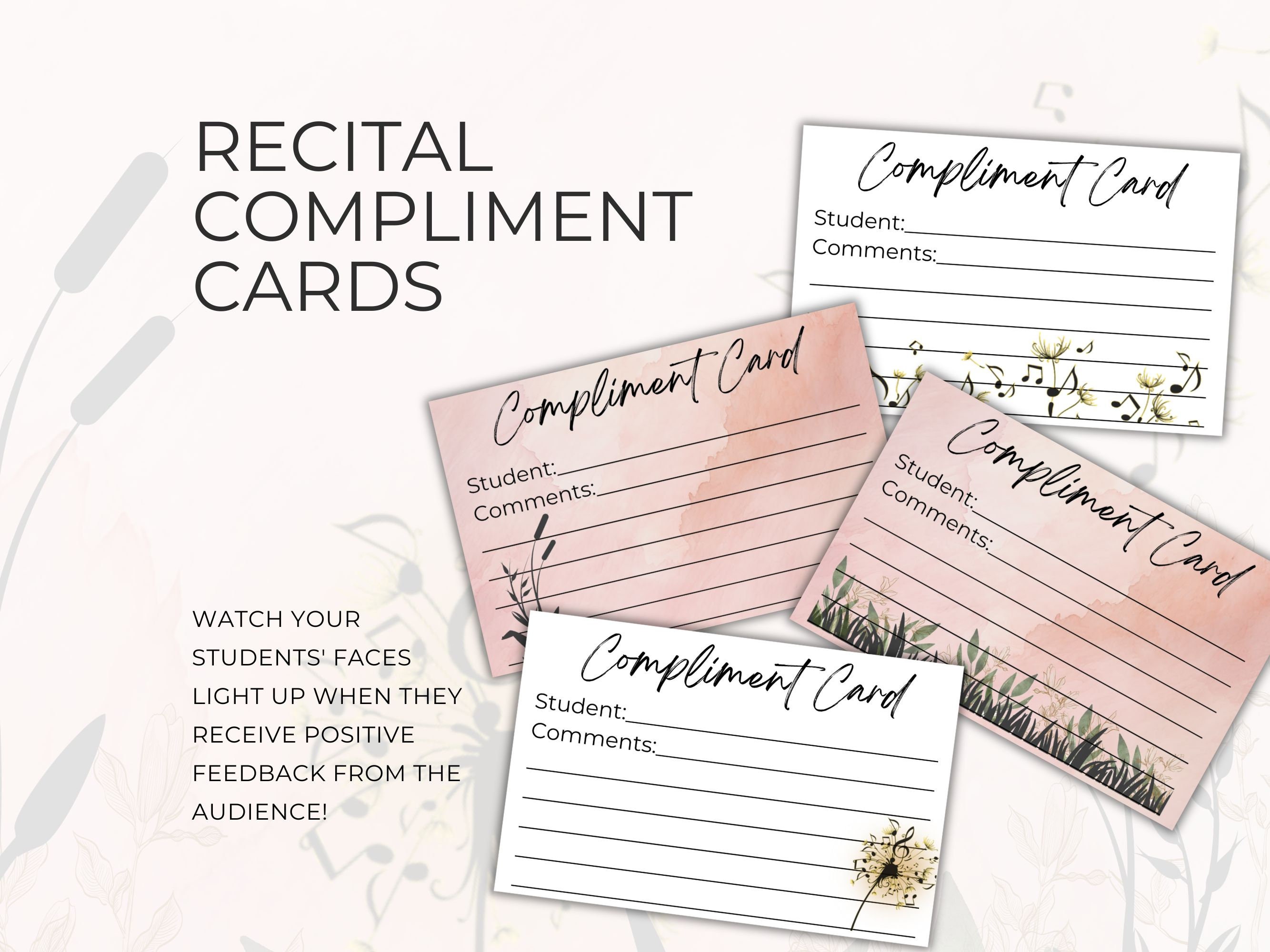 Compliment Cards for Music Recitals, Printable Piano Teacher Resource ...