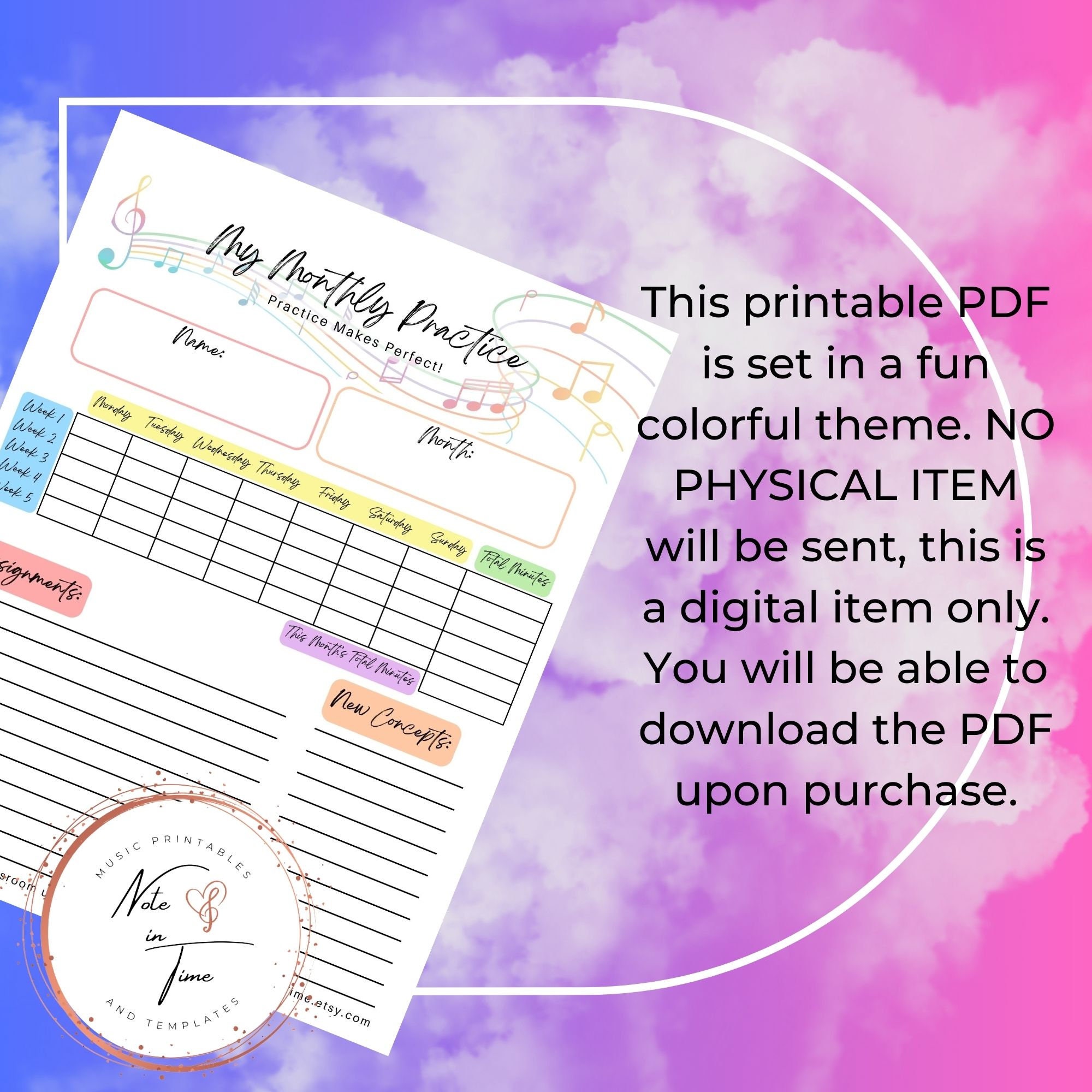 Music Practice Chart, Monthly Practice Minutes, for Piano, Orchestra or ...