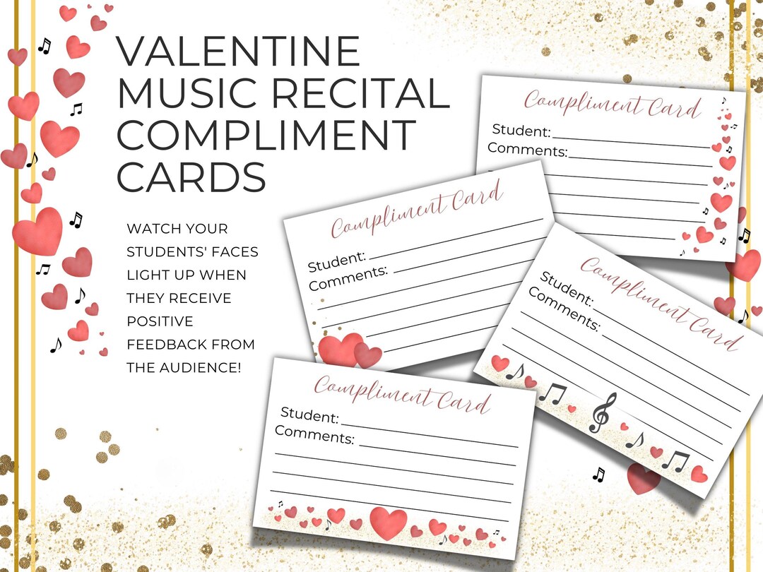Compliment Cards for Music Recitals, Valentine Sweetheart Theme for ...