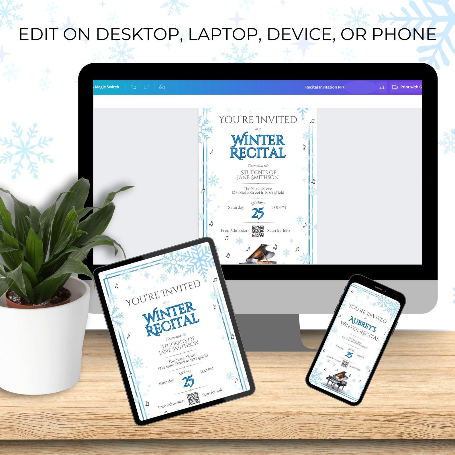 Piano Recital Digital Invitation, Snowflake Design for Christmas Xmas ...