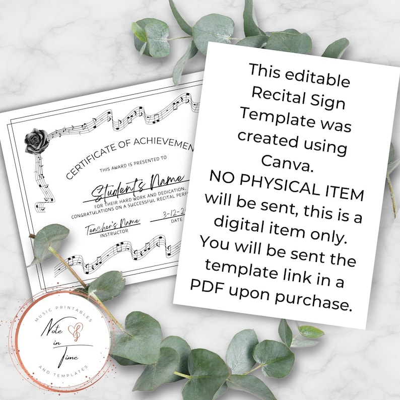 Piano Recital Certificate, Music Student Achievement Award, Editable ...