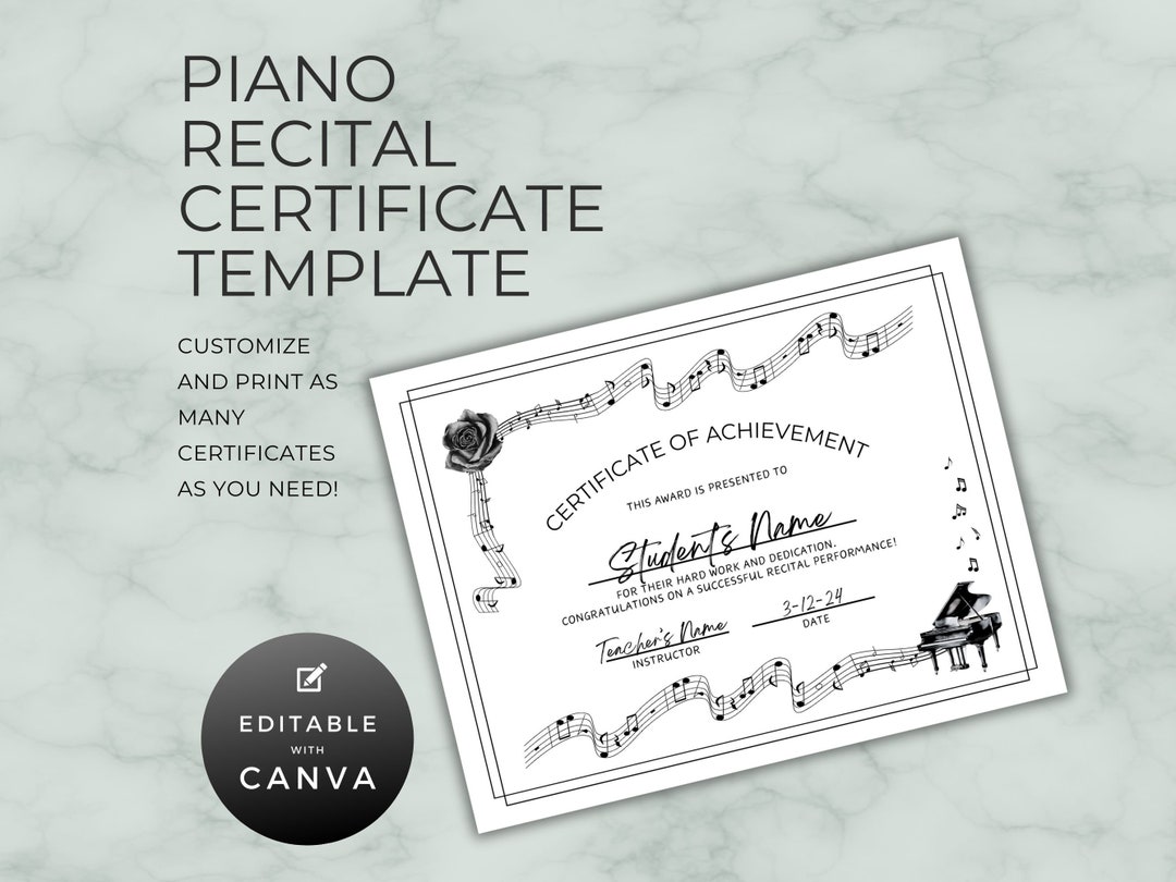 Piano Recital Certificate, Music Student Achievement Award, Editable ...