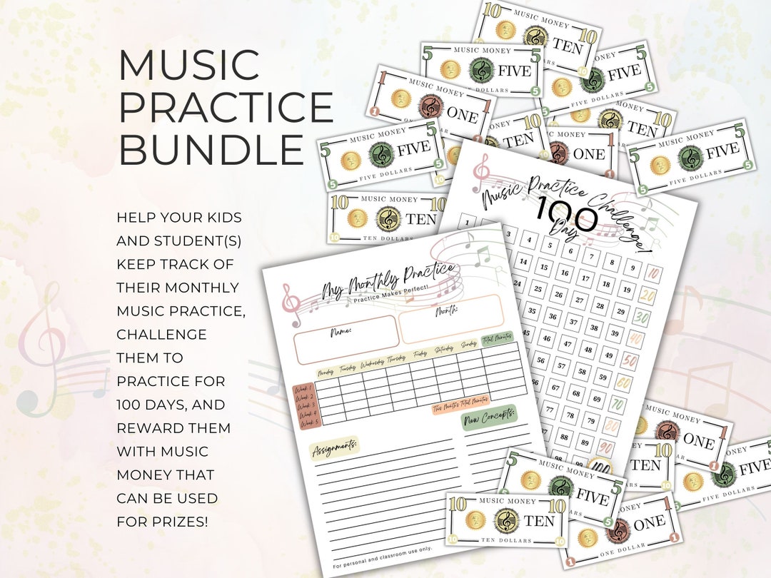 Practice Tracker for Piano, Motivational Bundle, 100 Day Challenge ...