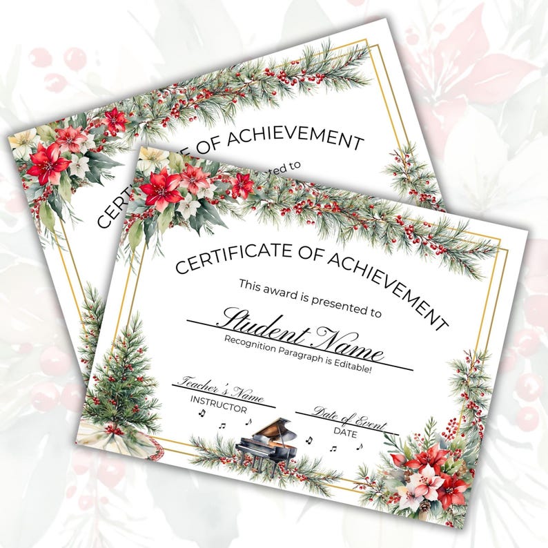 Piano Recital Certificate Christmas Template, Holiday Xmas Tree, for ...