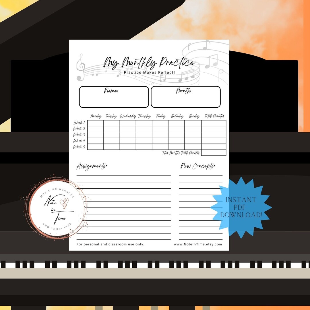 Music Practice Chart, Black and White, Monthly Practice Minutes, for ...