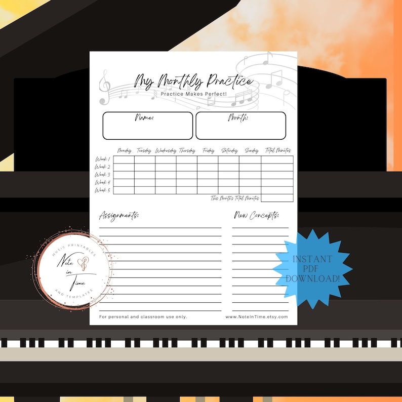 Music Practice Chart, Black and White, Monthly Practice Minutes, for ...