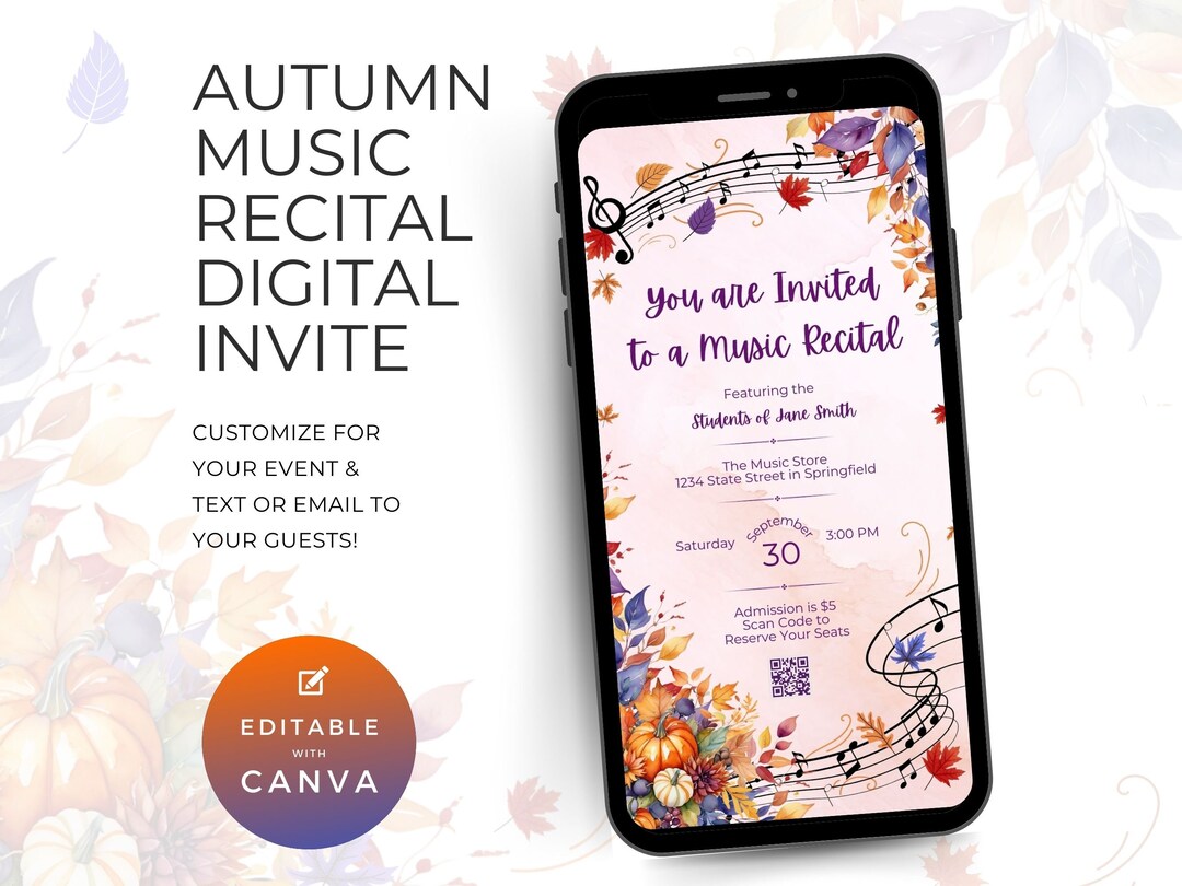 Music Recital Digital Invitation, Texting Invite, Editable Canva ...