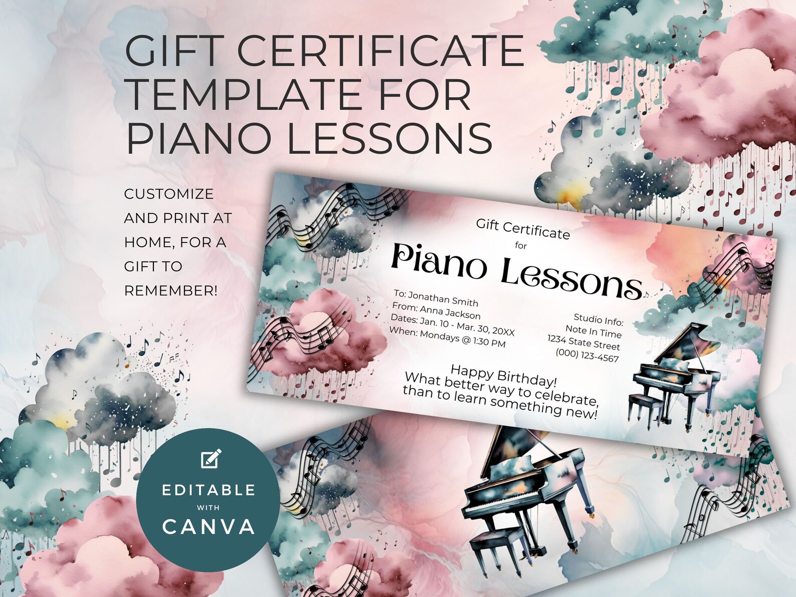 Piano Lessons Gift Voucher Template, Editable in Canva, Music ...