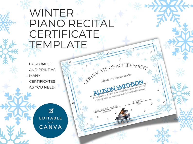 Piano Recital Certificate Template, Holiday Snowflake Design for Winter ...