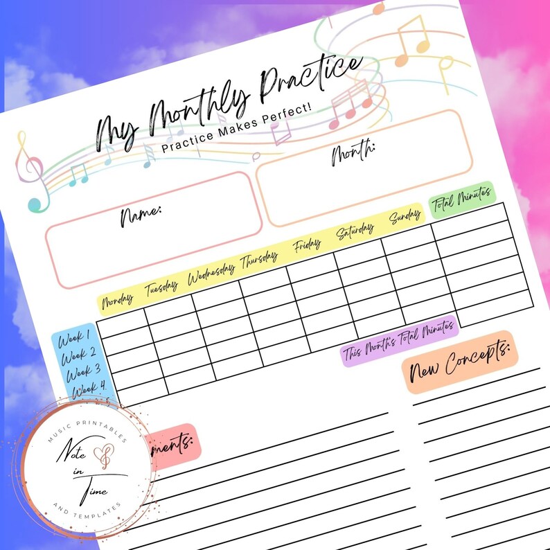 Music Practice Chart, Monthly Practice Minutes, for Piano, Orchestra or ...