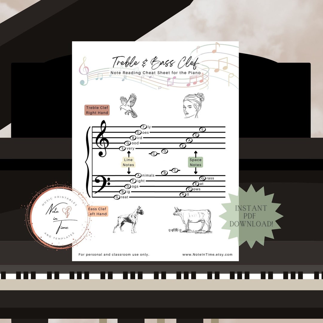 Piano Note Reading Chart, Grand Staff, Mnemonics for Treble and Bass ...