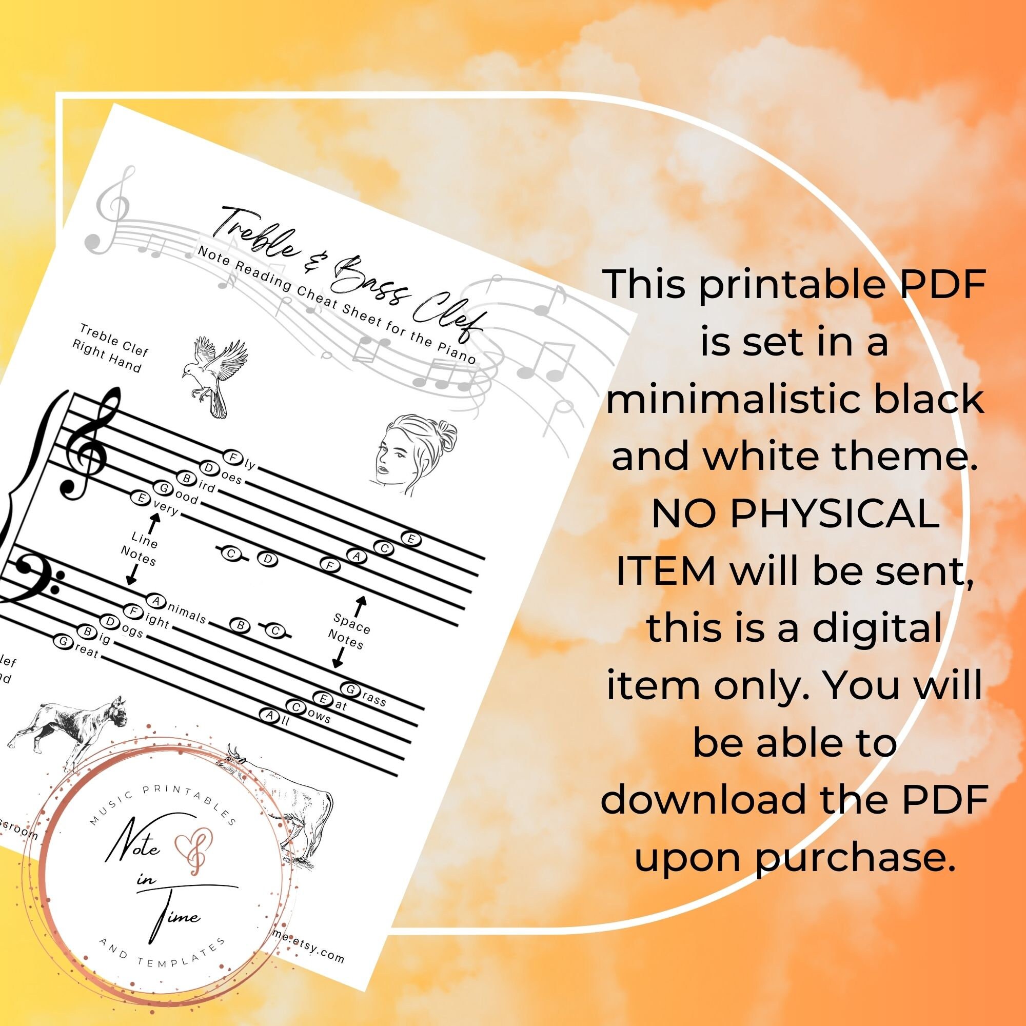 Piano Note Reading Chart, Grand Staff, Mnemonics for Treble and Bass ...