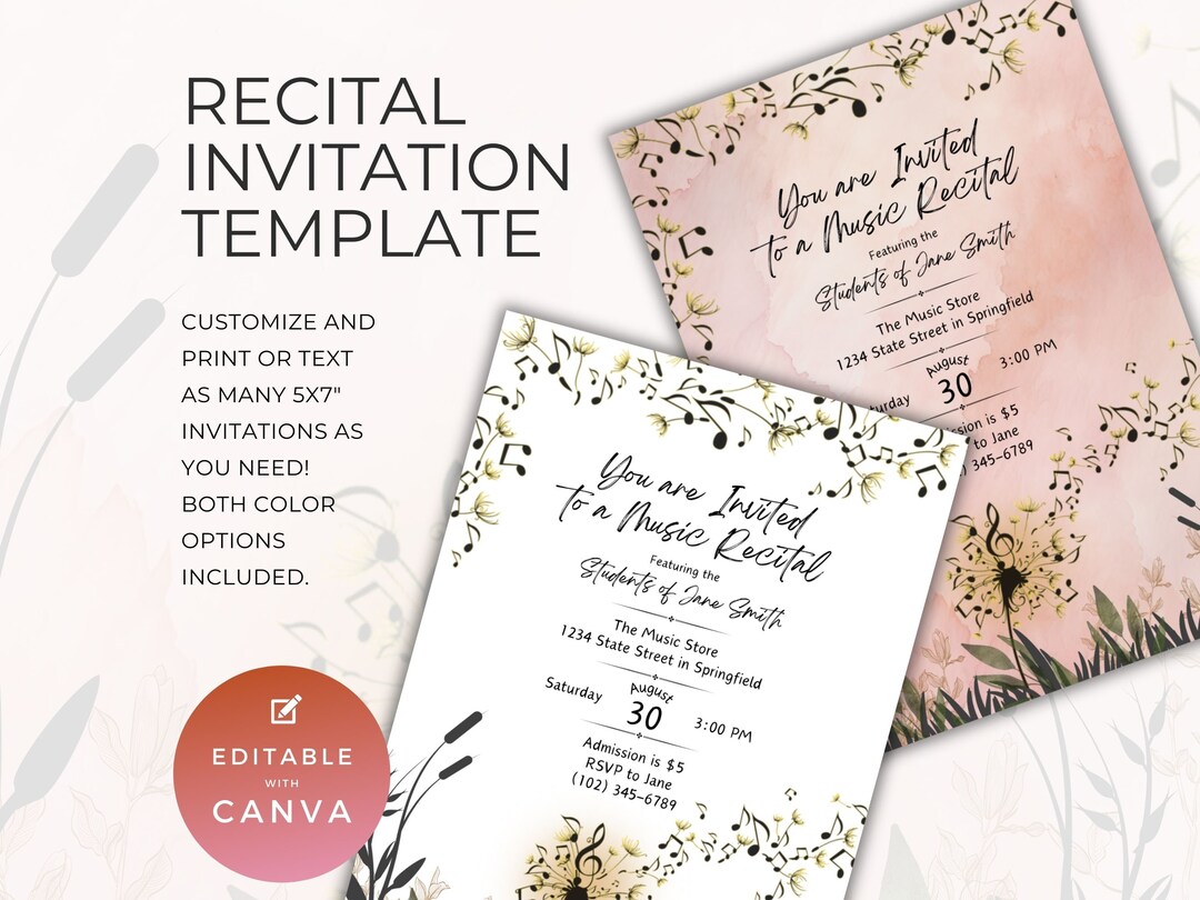 Music Recital Invitation, for Teachers or Students, Editable Canva ...