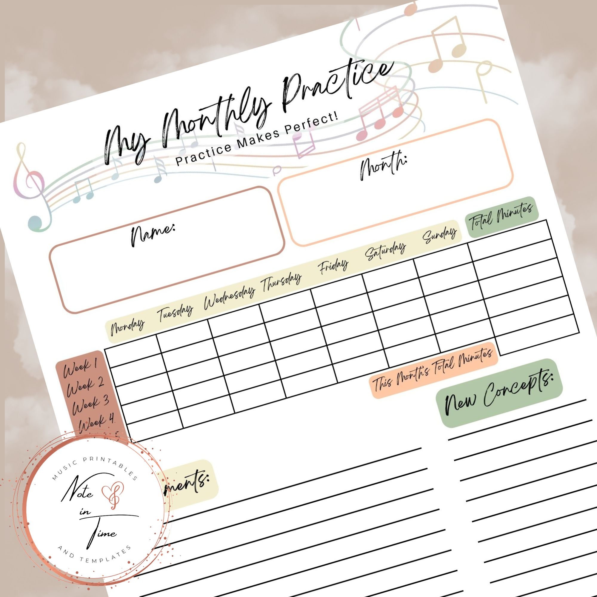 Music Practice Chart, Monthly Practice Minutes, for Piano Orchestra or ...