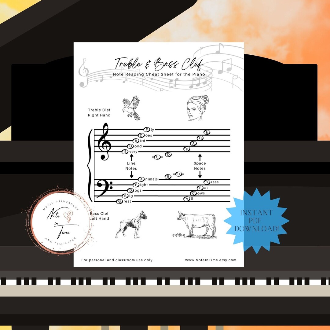 Piano Note Reading Chart, Grand Staff, Mnemonics for Treble and Bass ...