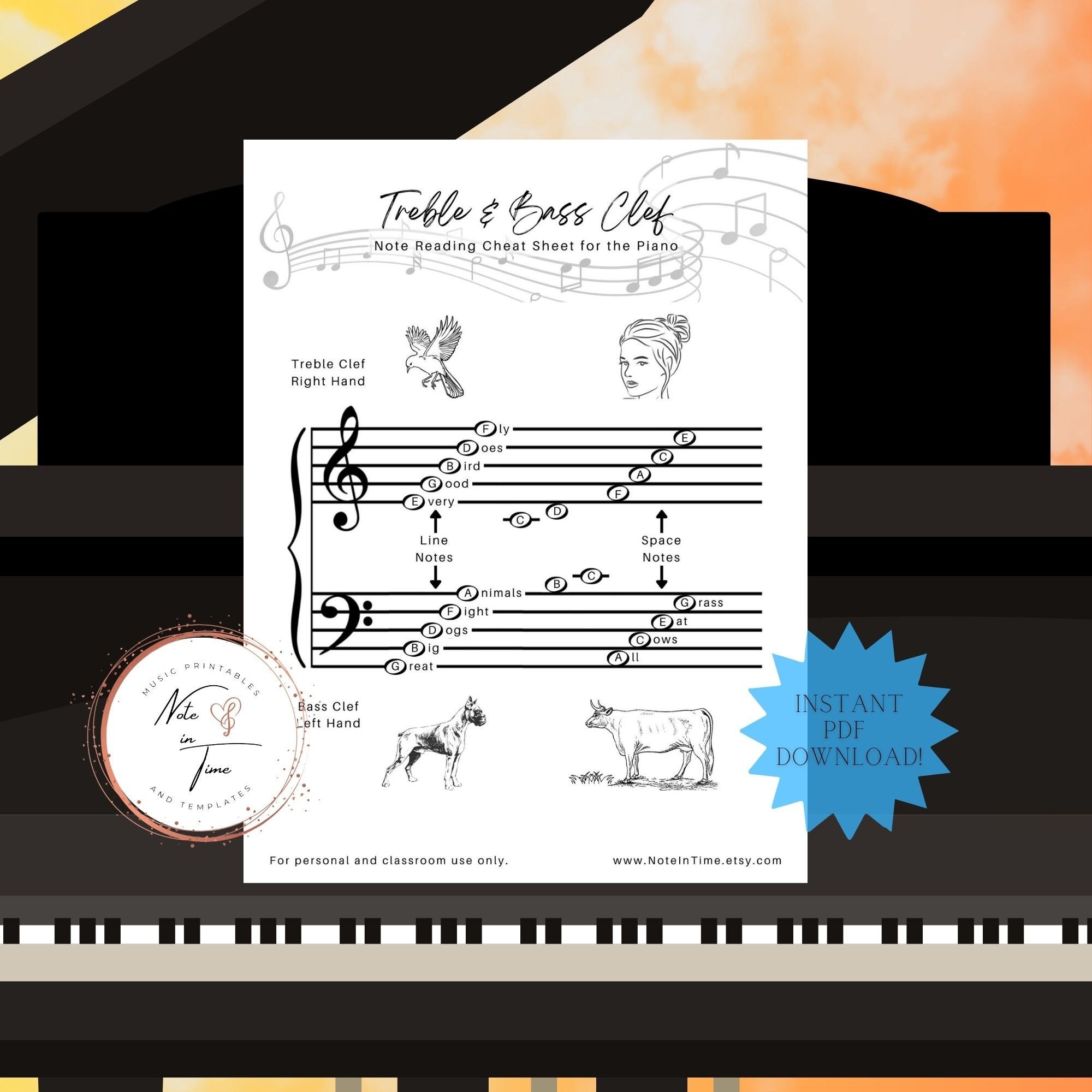 Piano Note Reading Chart, Grand Staff, Mnemonics for Treble and Bass ...