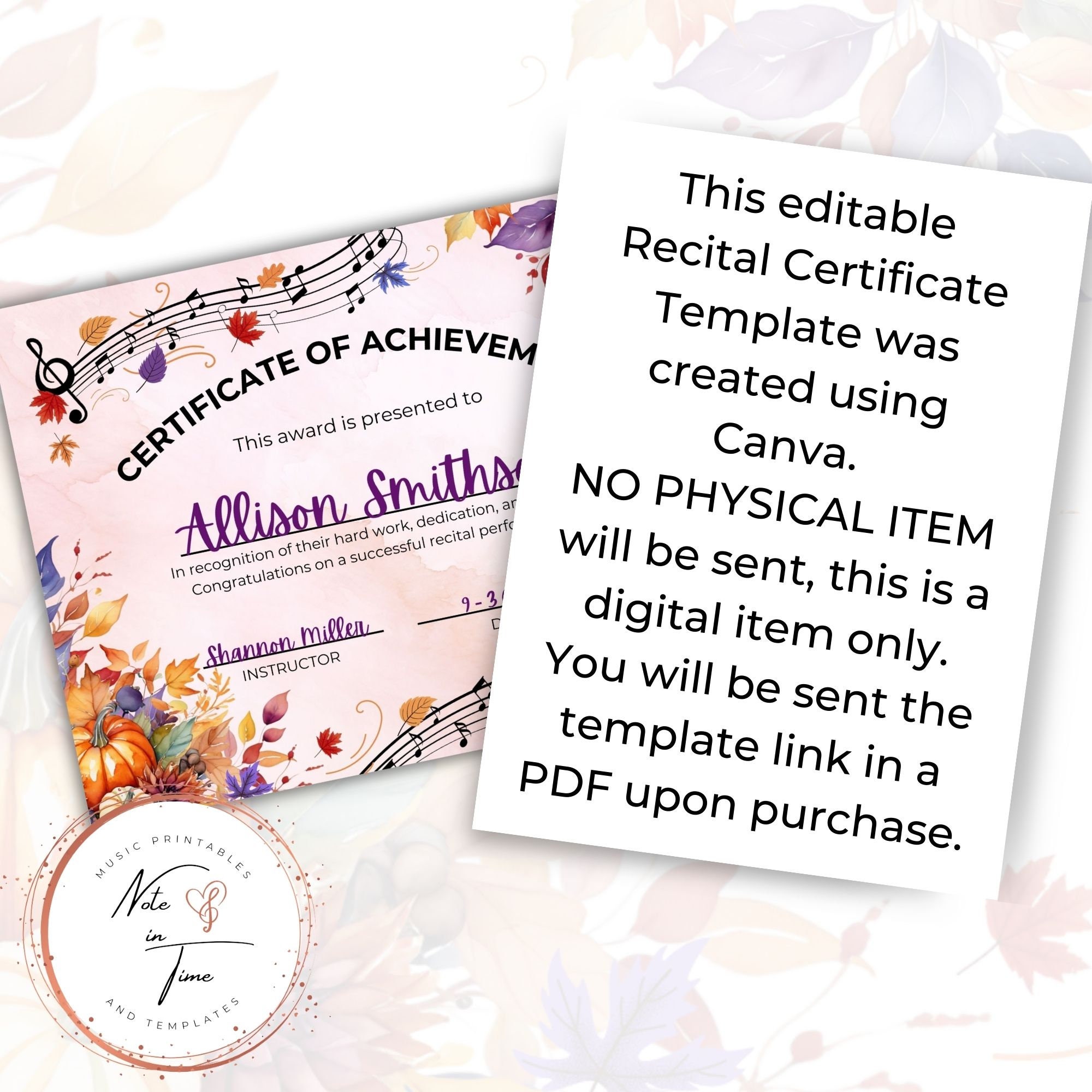 Music Recital Certificate, Student Achievement Award, Editable Canva ...