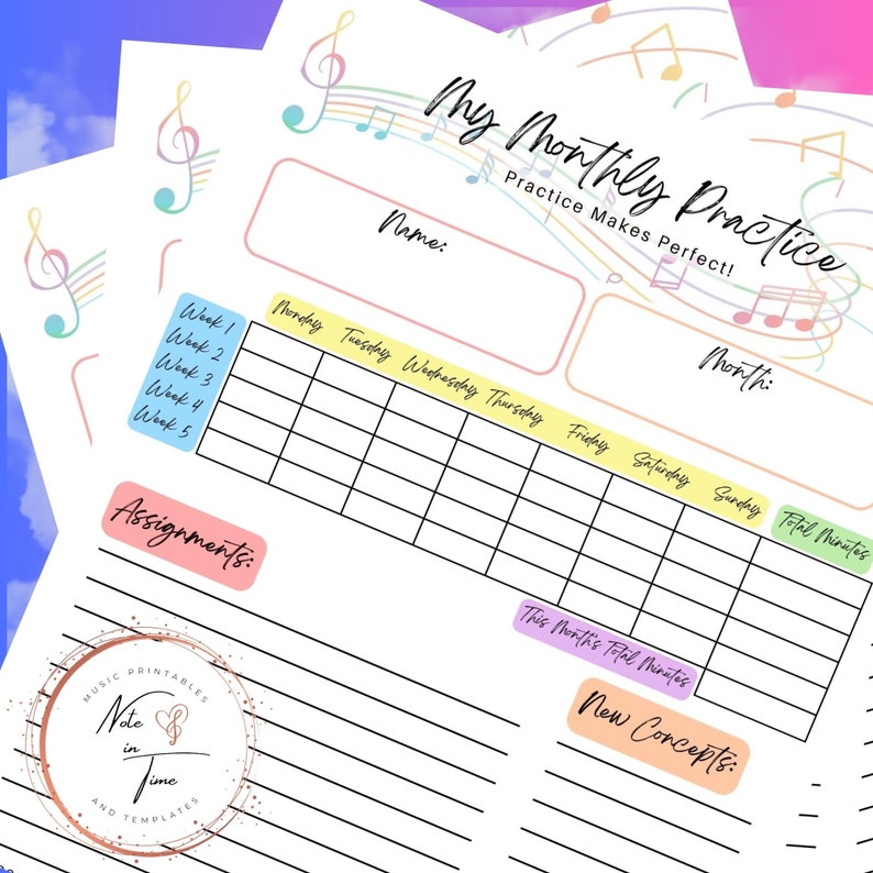 Music Practice Chart, Monthly Practice Minutes, for Piano, Orchestra or ...