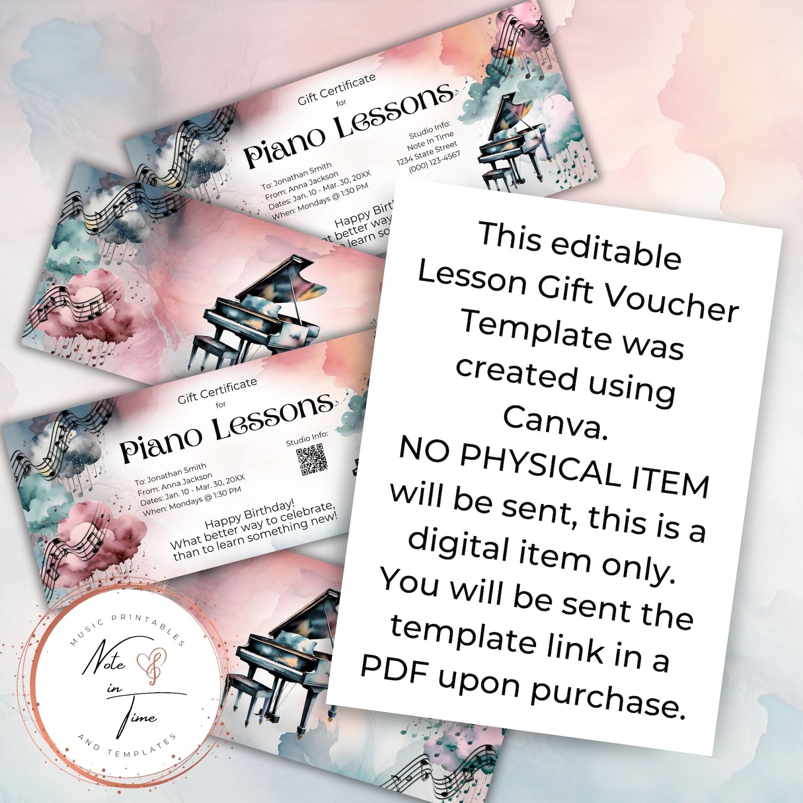 Piano Lessons Gift Voucher Template, Editable in Canva, Music ...
