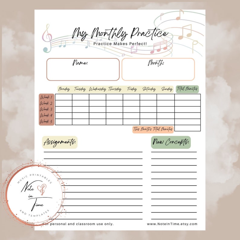 Music Practice Chart, Monthly Practice Minutes, for Piano Orchestra or ...