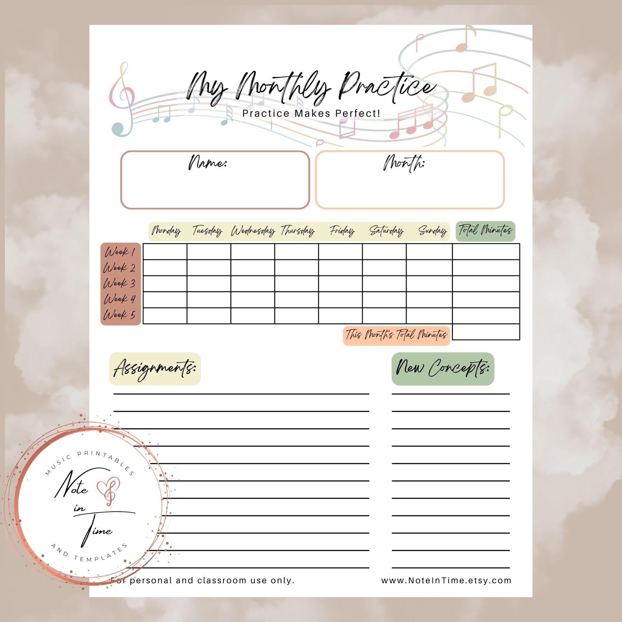 Music Practice Chart, Monthly Practice Minutes, for Piano Orchestra or ...