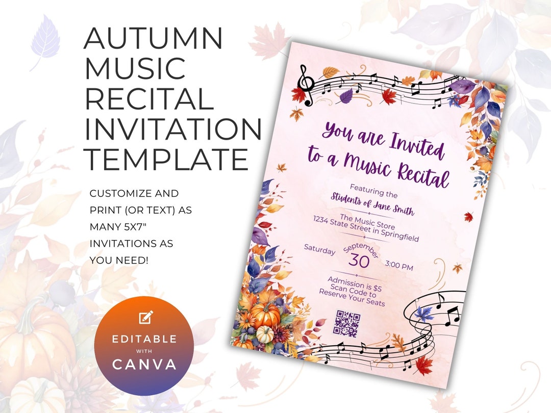 Piano Recital Invitation for Fall, Autumn Leaves & Pumpkins Music ...