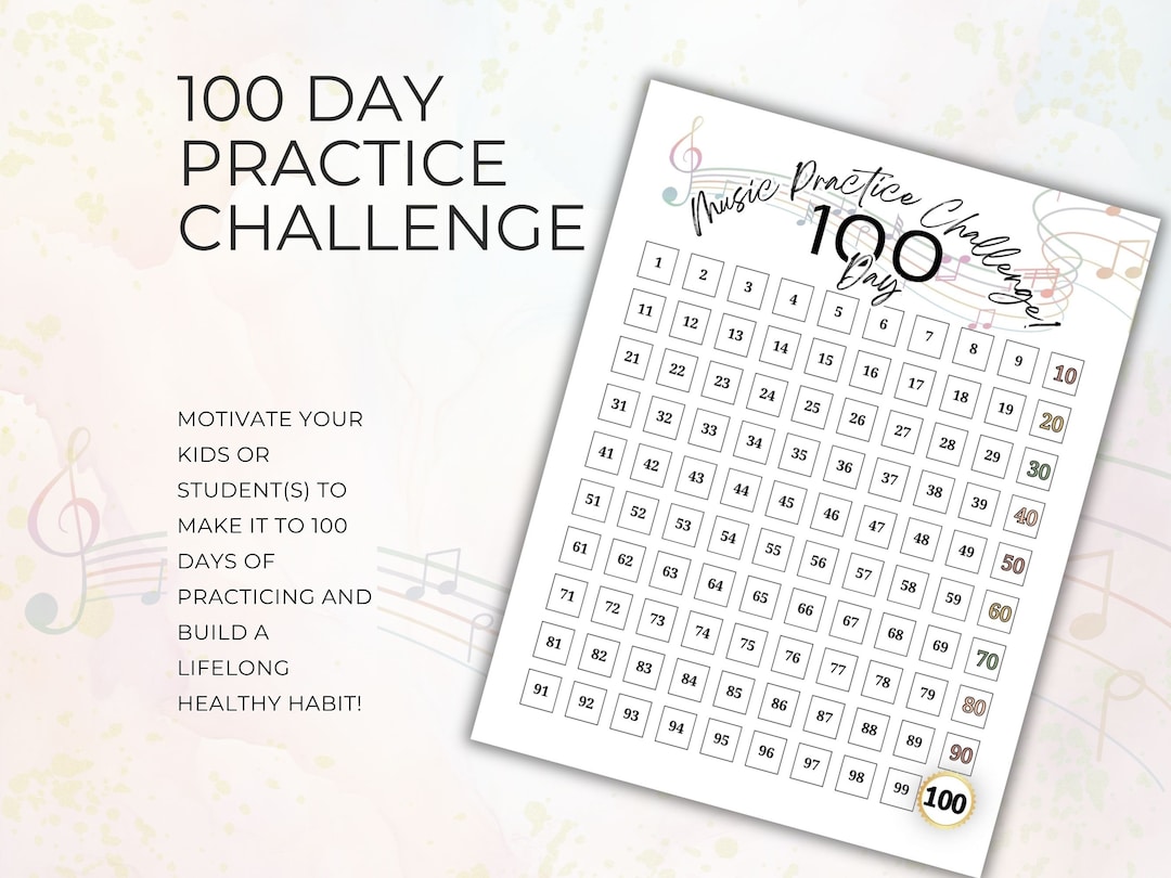 100 Day Practice Challenge for Music Students, Motivational Chart, Goal ...