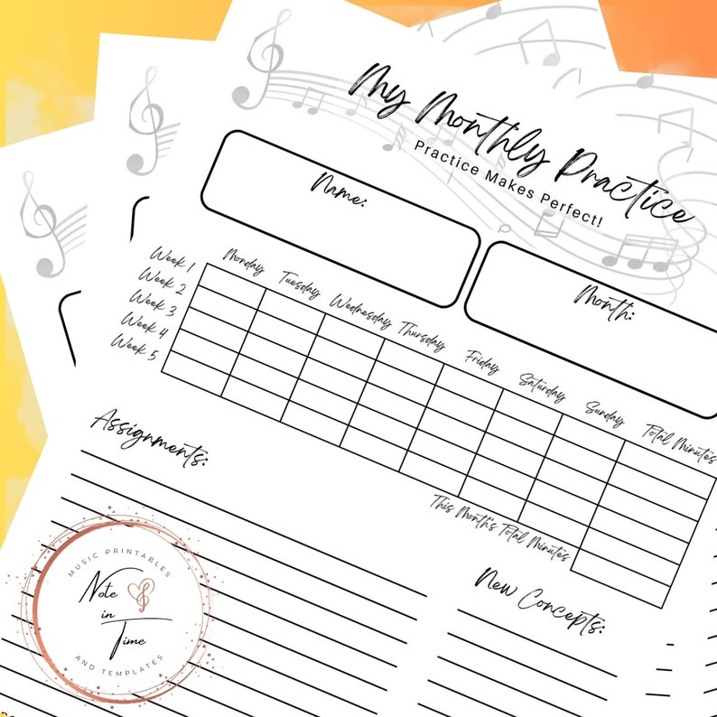 Music Practice Chart, Black and White, Monthly Practice Minutes, for ...