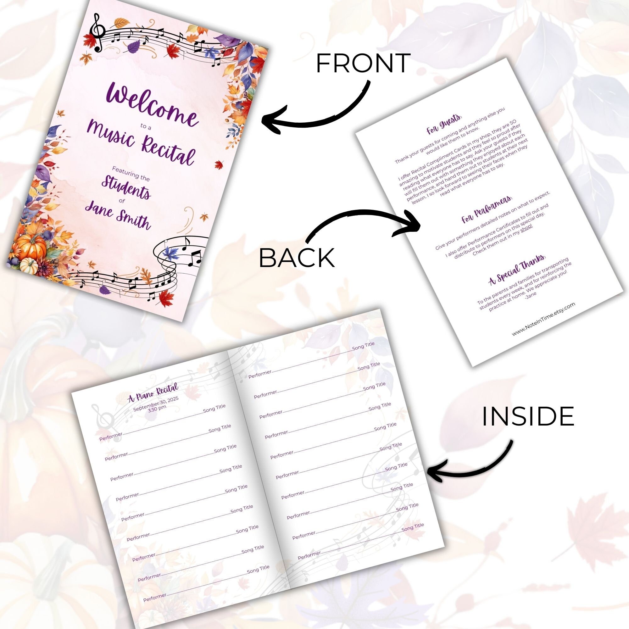Piano Recital Program Template, Music Teacher Resource, Autumn Theme ...