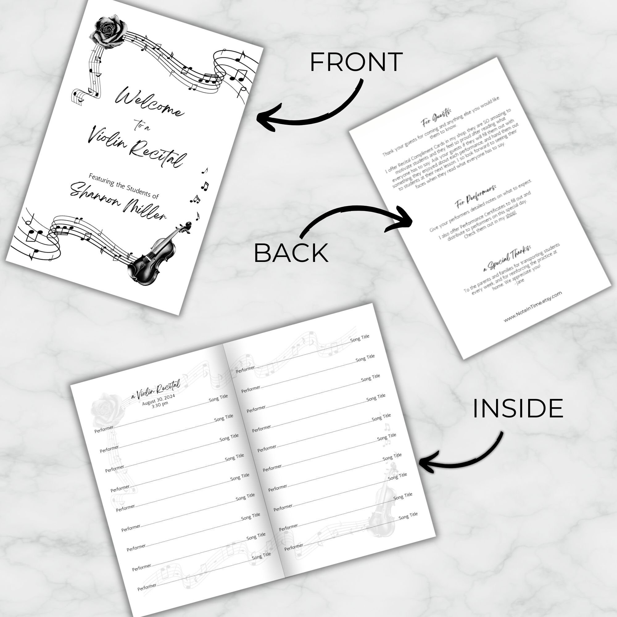 Violin Recital Program Template, Simple Modern Black & White, for String Orchestra Performance ...