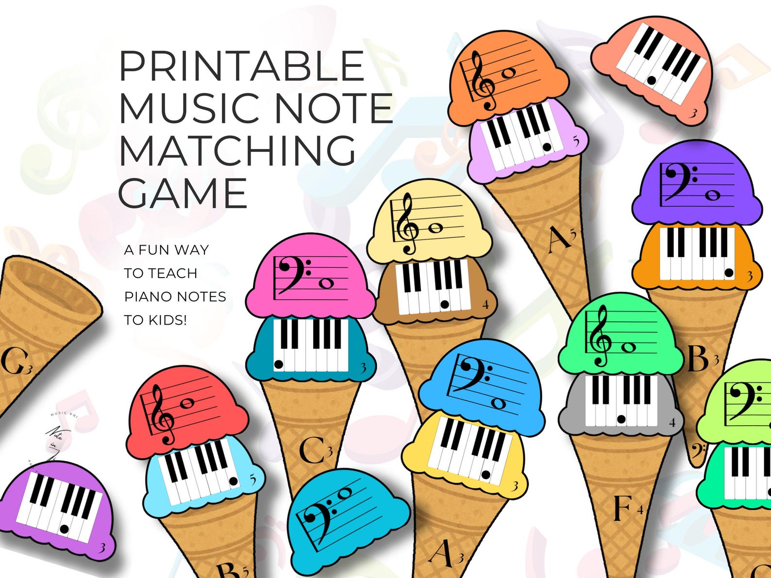 Musical Notes Matching Game, Stackable Ice Cream Cones, Printable PDF ...