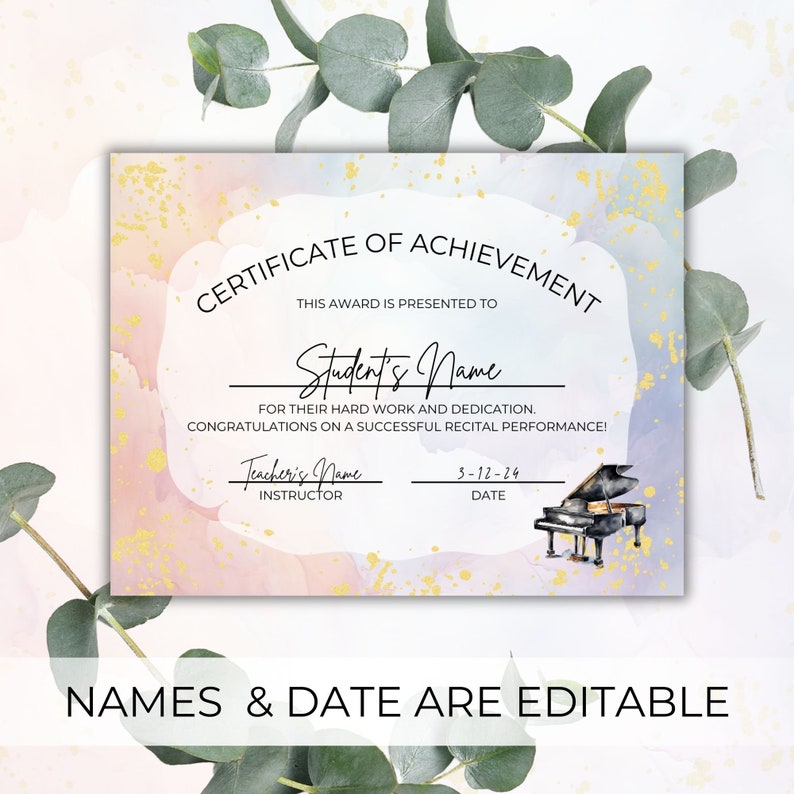 Music Recital Certificate, Piano Student Achievement Award, Editable ...