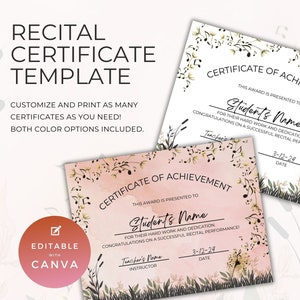 Music Recital Certificate, Achievement Award for Piano Students ...