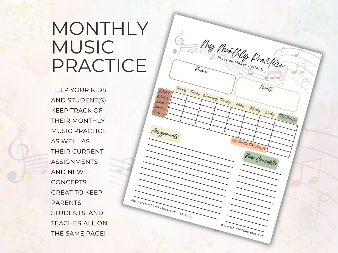 Music Practice Chart, Monthly Practice Minutes, for Piano Orchestra or ...