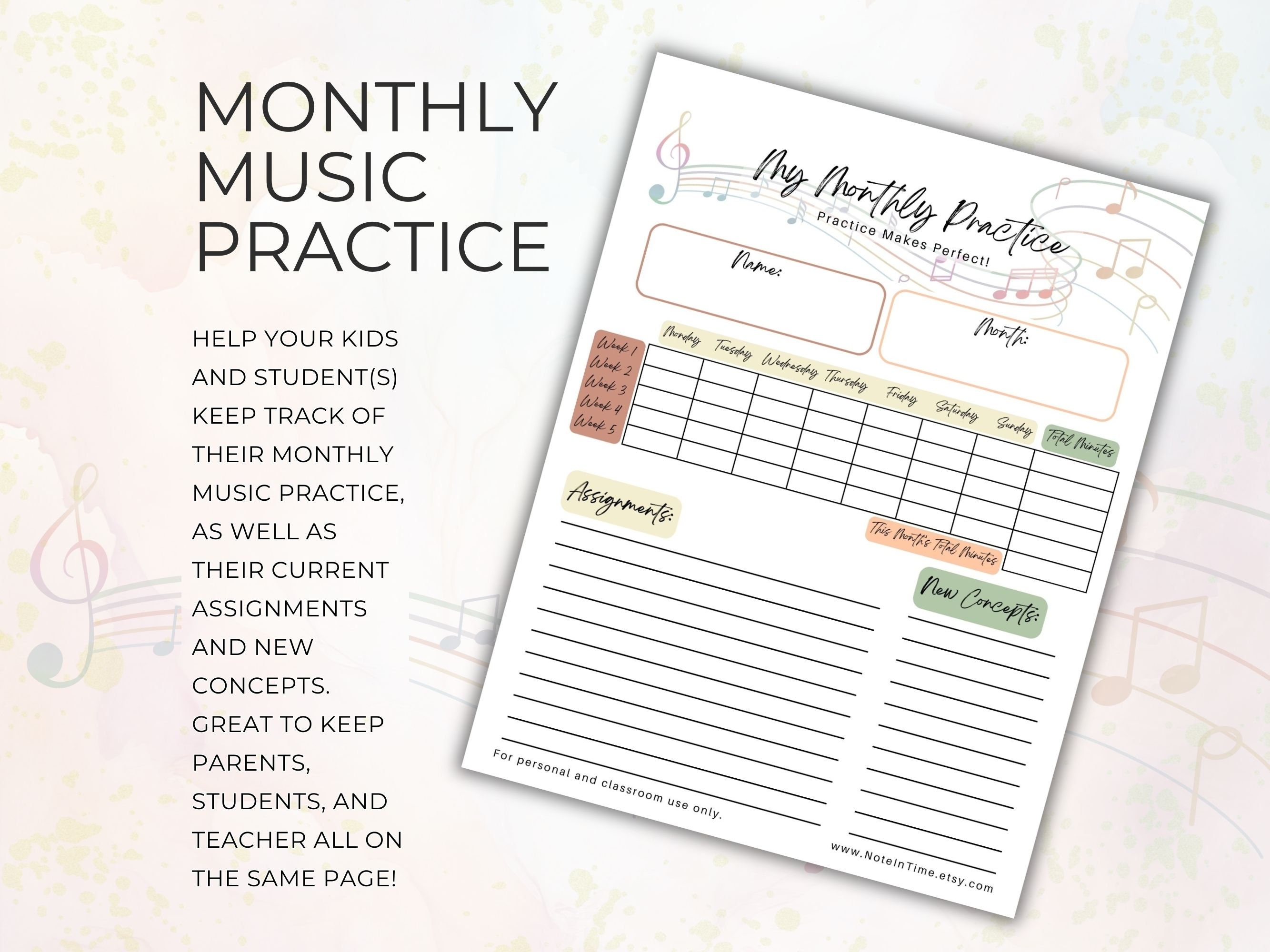 Music Practice Chart, Monthly Practice Minutes, for Piano Orchestra or ...