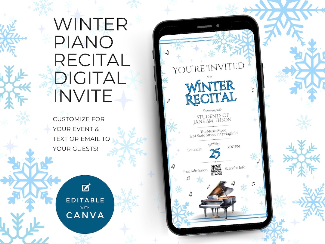 Piano Recital Digital Invitation, Snowflake Design for Christmas Xmas ...